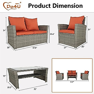 Do4U 4 Pieces Patio Furniture Sets Outdoor Sectional Wicker Set Outdoor Conversation Set Patio Set Patio Loveseats with Coffee Table Porch, Poolside, Terrace, and Yard (Grey-Orange)