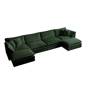 KIVENJAJA Oversized U-Shaped Modular Sectional Sofa, Modern Chenille 4-Seater Deep Seat Cloud Couch with 2 Ottomans/Chaises & 6 Pillows for Living Room Office, 146.5”W, Green
