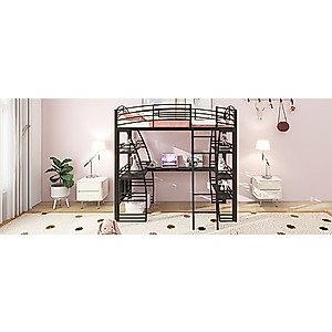 ALYSAHOME Twin Size Loft Bed with 4 Layers of Shelves and L-Shaped Desk, Stylish Metal Frame Bed with a Set of Sockets, USB Ports and Wireless Charging, Black