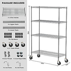 Leteuke Wire Shelving Unit with Wheels, NSF Certified 4 Tier Adjustable Storage Shelves 48"×18"×72", 2400LBS Heavy Duty Shelving Commercial Grade Metal Storage Utility Rack for Kitchen Garage, Chrome
