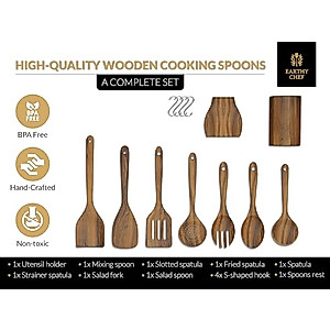 Earthy Chef wooden utensils for cooking - Premium teak kitchen utensil set - Incl. utensil holder and hanging hooks - 9-piece cooking spoon set - Non scratch & Food-grade material