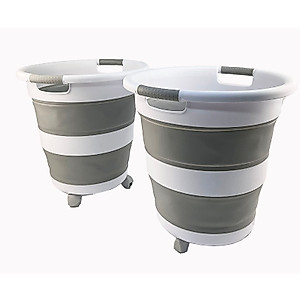 SAMMART 34L (8.9 Gallons) Collapsible Plastic Laundry Basket with Wheels - Foldable Pop Up Storage Container/Organizer with wheels (Grey (Set of 2))