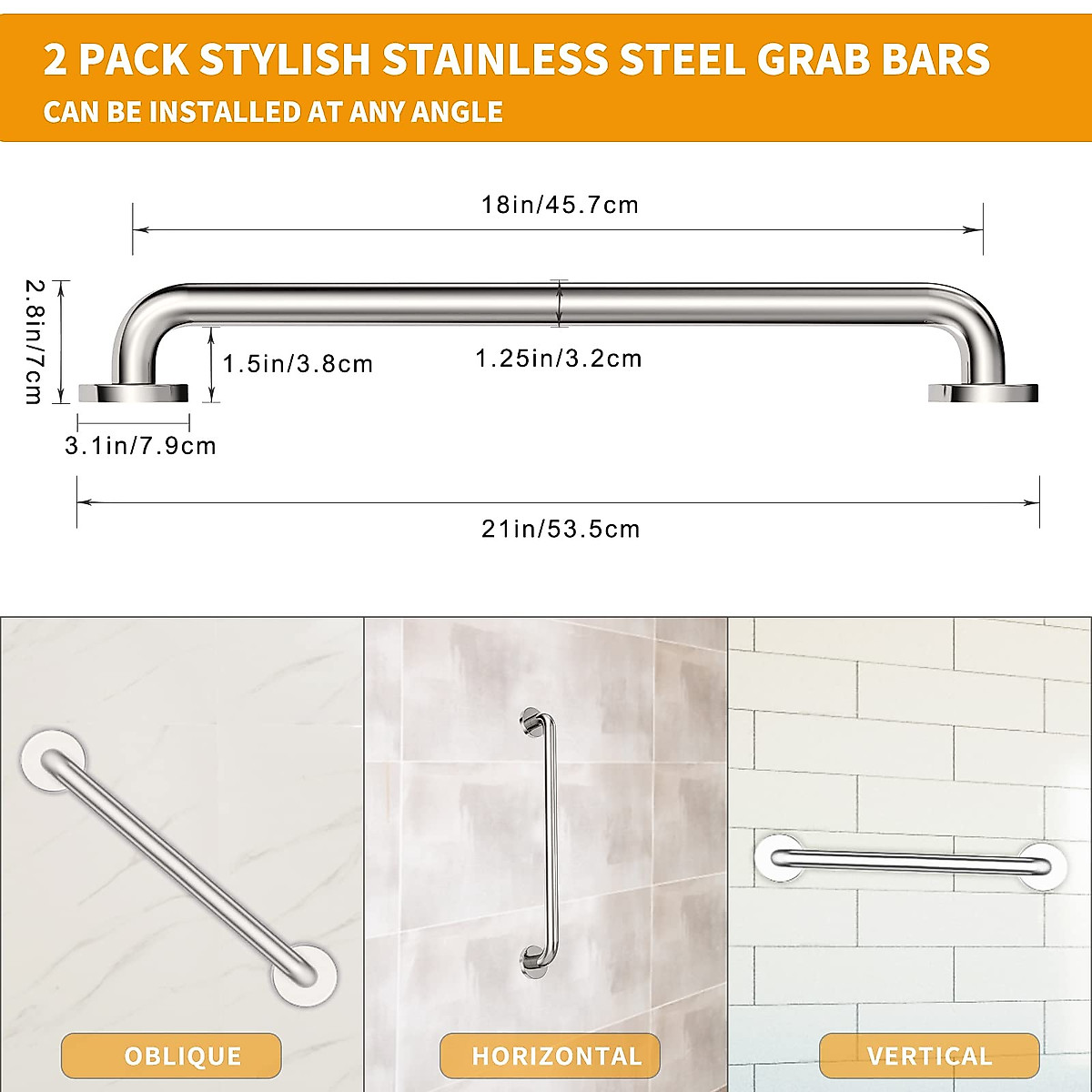 18 Inch Shower Grab Bar 2 Pack Brushed Nickel SUS304 Safety Bathroom Grab Bars with Concealed Screws, 500lbs Support Assist Bath Handle Balance Bar for Handicap Elderly Pregnant