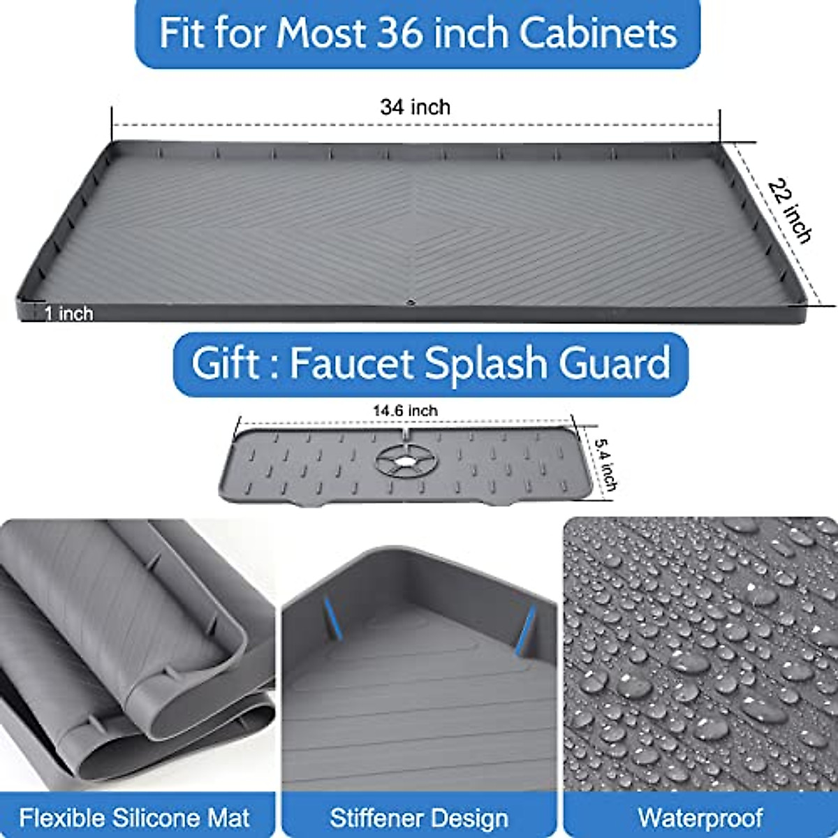 Optish Under Sink Mat, 34" x 22" Under Sink Mats for Kitchen Waterproof Flexible Silicone Undersink Mats for Bottom of Kitchen Sink Under Sink tray