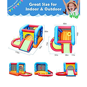 Step4Fun Inflatable Bounce House, Kids Castle Slide Bouncer for Children Jumping Outdoor and Indoor Party, Baby Backyard Water Jumper Toy with Blower, Ball Pit Pool, Ideal Gifts（112 x 98 x 65”）