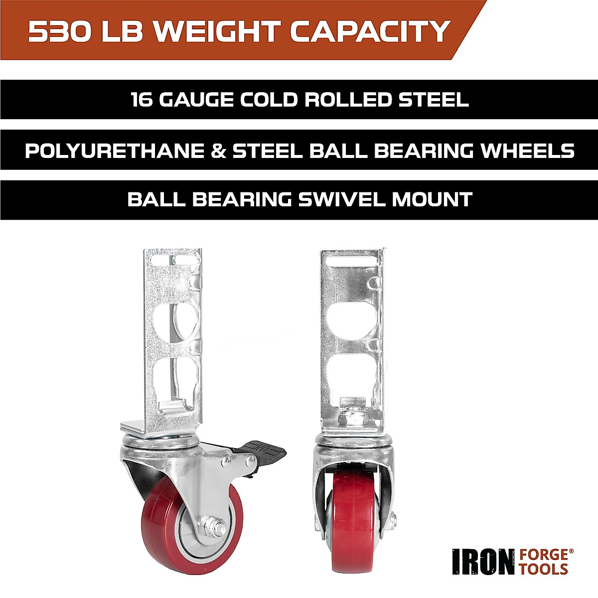 Iron Forge Tools Rolling Storage Rack Caster Wheels Heavy Duty - Set of 4 Locking Castor 3 Inch 530 lb Capacity for Boltless Self Locking Shelving Racks, Nylon and Steel Ball Bearing Wheels