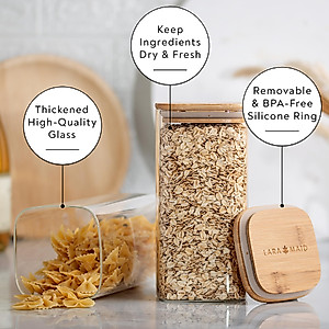Laramaid Glass Jar Set (3x22oz/1x35oz/1x40oz/1x71oz) Set of 6 with Minimalist Pantry Labels, Square Canister Jars with Bamboo Lids and Customized Sticker Labels