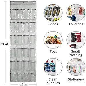 Over The Door Hanging Shoe Organizer with 24 Large Crystal Clear PVC Pockets Hanging Shoe Organizer and 3 Metal Hooks for Storage Men's Sneakers, Bathroom Toiletries, Slippers and Kids Toys (Grey)