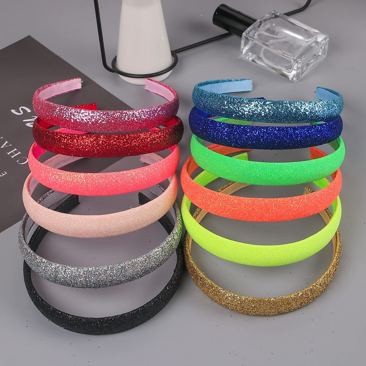 12 Colors Sparkle Plastic Headbands For Girls,Glitter 2 cm Thin Head Bands No Slip Fashion Girls Hard Toddler Hairbands