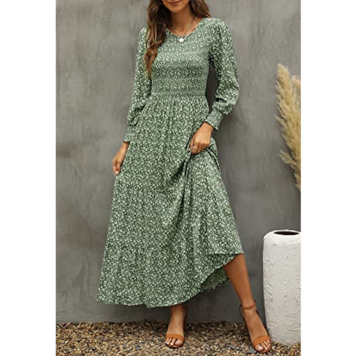 Annebouti Women's 2023 Fall Casual Long Sleeve Maxi Dress Boho Tiered Smocked Office A-Line Modest Floral Long Dresses for Women Olive M