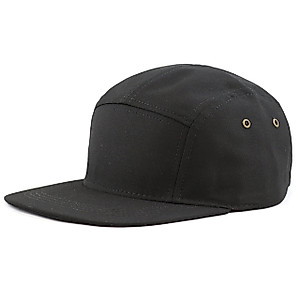 The Hat Depot Made in USA 5 Panel Genuine Leather Brass Closure Flat Brim Biker Cap (Black)