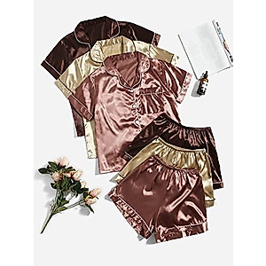 SheIn Women's Pajamas Set 6pcs Silk Satin Short Sleeve Top Elastic Waist Shorts Sleepwear Loungewear Pink Khaki Brown Small
