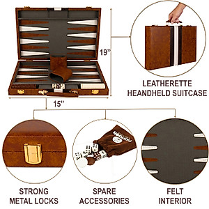 Backgammon Set - 15 Inch Classic Backgammon Board Game Sets Handheld - Backgammon Sets for Adults and Kids - Brown Faux Leather Case - Instruction