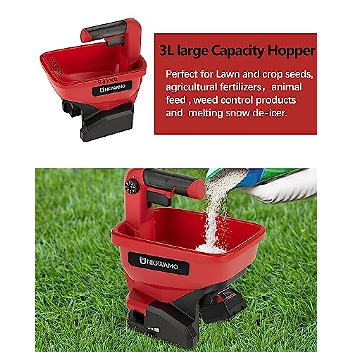 Uniqwamo Handheld Grass Seed Spreader for Milwaukee M18 Li-ion Battery, Available Year-Round, Grass Seeds, Rock Salt and De-icer Out-Doors (Battery not Included)