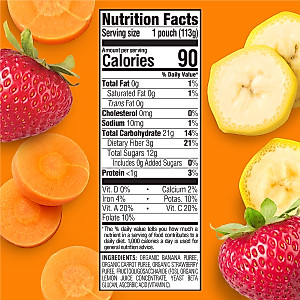 Happy Tot Organics Stage 4 Baby Food Pouches, Gluten Free, Vegan Snack, Super Bellies, Fruit & Veggie Puree, Banana, Carrot & Strawberry 4 Ounce (Pack of 16)