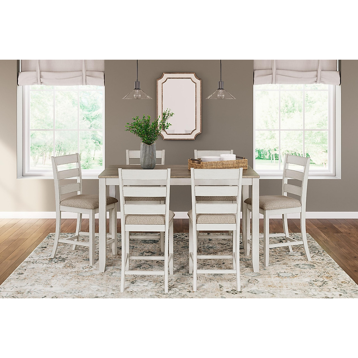 Signature Design by Ashley Skempton Modern Farmhouse Counter Height Dining Table and Upholstered Bar Stools, Set of 7, White & Light Brown