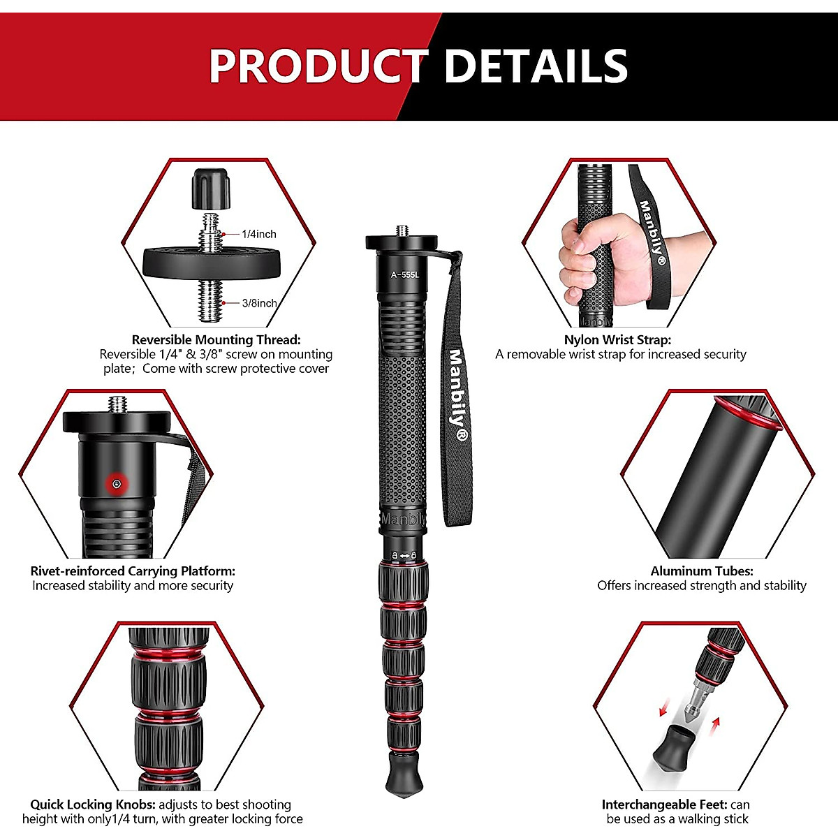 Manbily Camera Monopod Aluminum Portable Compact Lightweight Travel Monopod with Carrying Bag Walking Stick Handle,for DSLR Canon Nikon Sony Video Camcorder,6 Sections up to 61-in (A-555L)