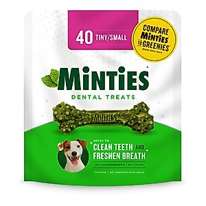 Minties Dental Chews for Dogs, 40 Count, Vet-Recommended Mint-Flavored Dental Treats for Tiny/Small Dogs 5-24 lbs, Dental Bones Clean Teeth, Fight Bad Breath, and Removes Plaque and Tartar