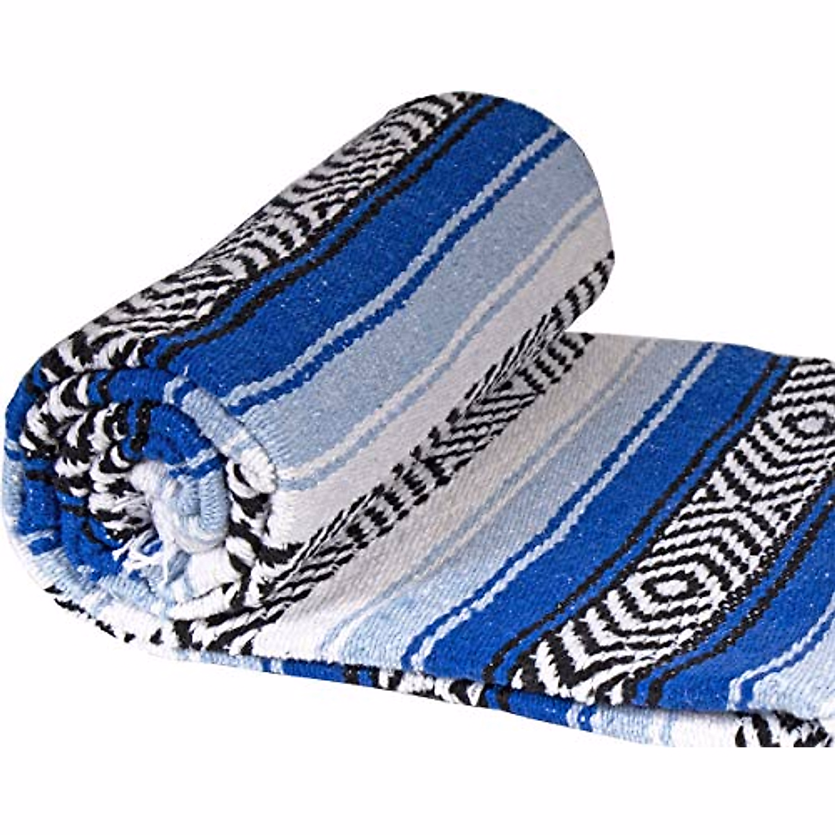 Genuine Mexican Handwoven Blanket, Premium Large Heavyweight Falsa Blanket, Serape & Yoga Blanket | Beach Blanket | Throw Blanket | Picnic Blanket(Large Heavy, Royal Blue and Light Blue)
