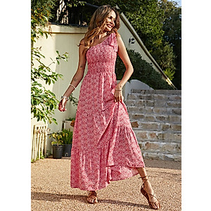 PRETTYGARDEN Women's Summer Floral Maxi Dress Knot One Shoulder Sleeveless Ruffle Flowy Boho Beach Wedding Guest Dresses(Red White Floral,Small)