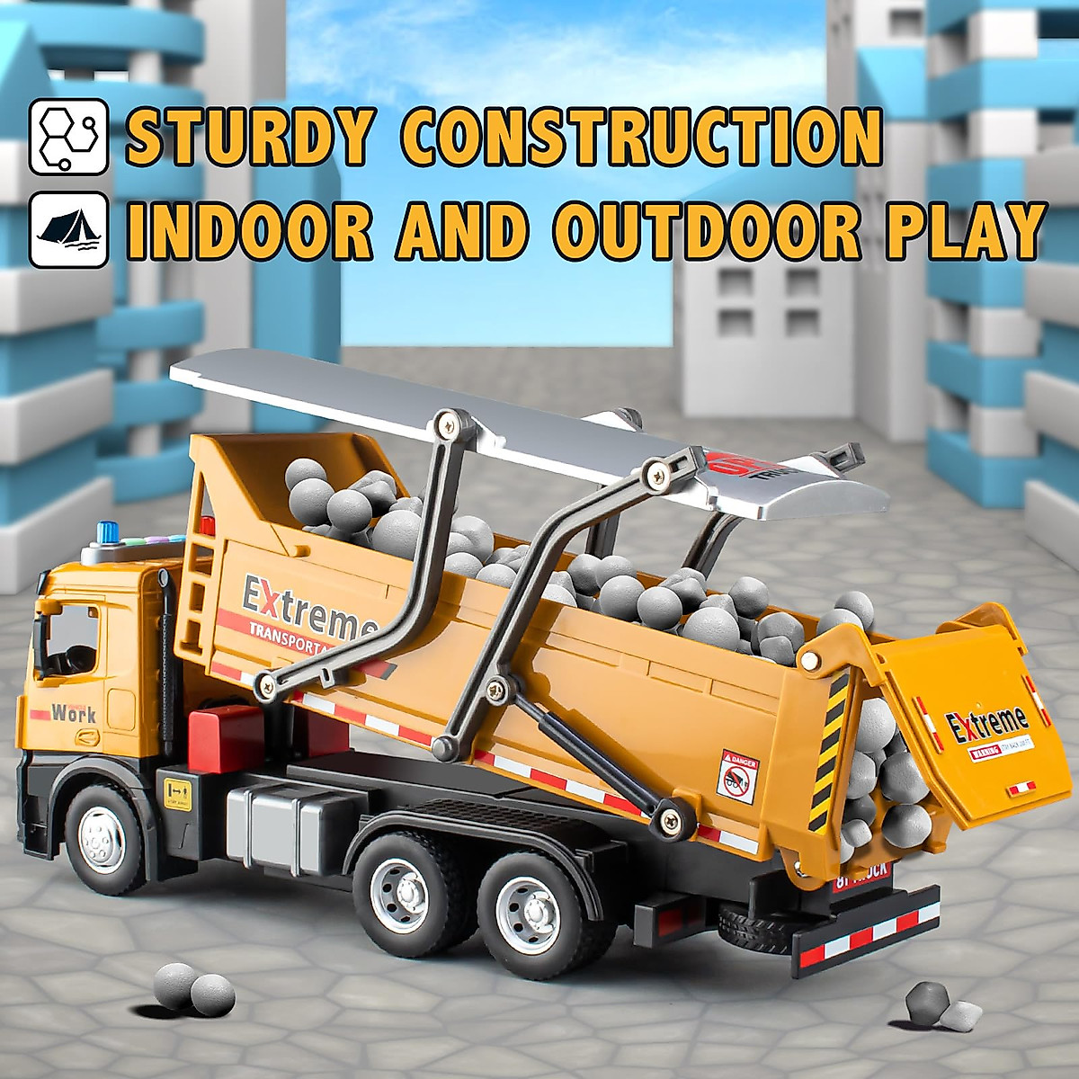 TAKGUD Dump Truck for Boys Age 4-7, 12" Big Plastic Toy Dump Truck with Sounds and Lights, Construction Vehicle Toy with Movable Parts for Kids