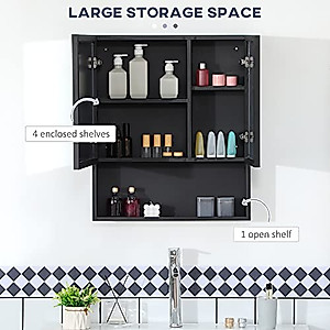 kleankin Wall-Mounted Medicine Cabinet, Bathroom Mirror Cabinet with Double Doors and Storage Shelves, Black