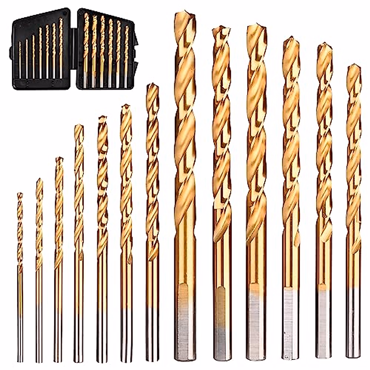Titanium Drill Bit Set, HSS Twist Drill Bits, Quick Change Drill Bits Set Straight Shank, 135 Degree Metal Drill for General Purpose, 1/16"-1/2" by 11/64" 13 Piece Kit with Storage Case