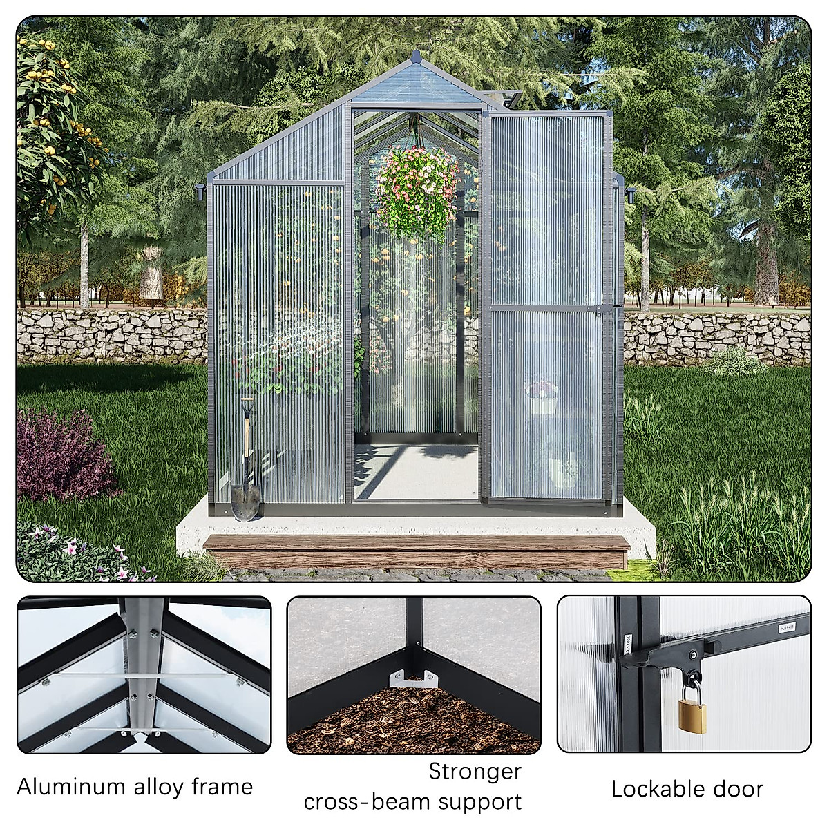 6' x 8' Walk-in Greenhouse Polycarbonate Panel Hobby Greenhouses with Aluminum Frame Heavy Duty with 1 Vent Window & Lockable Door for Outdoor,Patio, Backyard, Garden