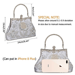 KISSCHIC Women's Handbag Vintage Rose Embroidered Beaded Sequin Evening Bag Wedding Party Clutch Purse (Silver)