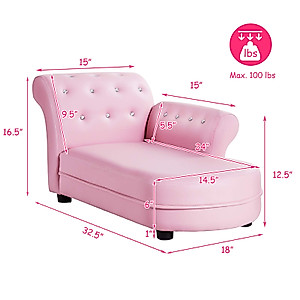 INFANS Kids Sofa, Toddler Couch with PVC Leather & Embedded Crystal, Pink Princess Chaise Lounge Armchair, Toddler Furniture Kids Upholstered Long Lounger for Toddler Baby Girl, Living Room