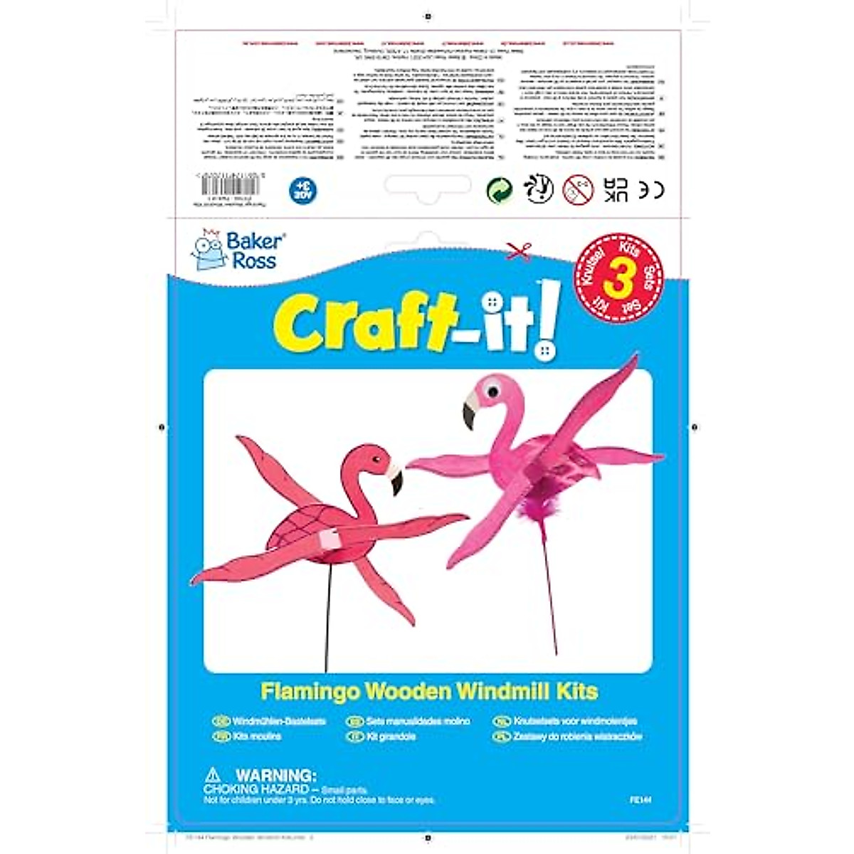 Baker Ross FE144 Flamingo Wooden Windmill Kits - Pack of 3, for Kids Arts and Crafts Projects, Wooden Crafts for Children to Decorate, Personalize and Display
