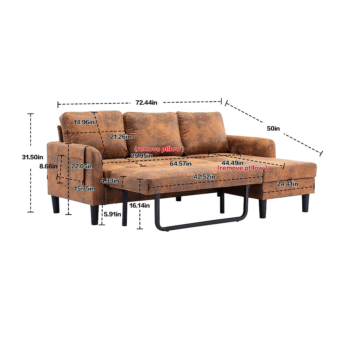 HomSof Sectional Reversible Chaise Longue, Modern L-Shaped Couch with Pull Storage, Coffee Sofa Bed
