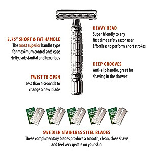 Double Edge Safety Razor by VIKINGS BLADE, Fat & Short Handle, Swedish Steel Blades Pack + Luxury Case. Twist to Open, Heavy Duty, Reduces Razor Burn, Smooth, Close, Clean Shave (Model: The Chieftain)