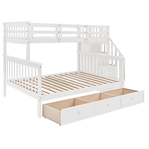 Twin Over Full Bunk Bed, Wood Twin Over Full Bunk Bed Frame with Storage Drawers and Shelves, Twin Over Full Size Bunk Bed Frame with Guardrails and Stairs for Kids Boys Girls Teens Adults, White