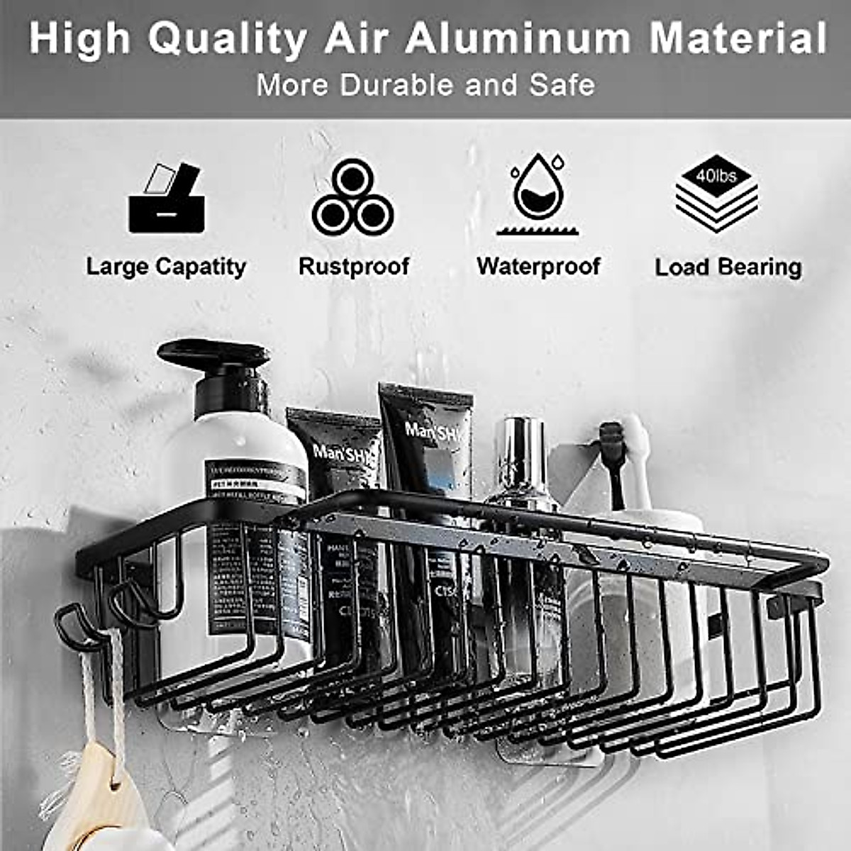 Shower Storage for Inside Shower, 3 Pack Shower Organizer with Hooks and Soap Holder, Adhesive Wall Mount Shower Shelves, Rustproof Black Shower Caddy Basket Shelf Storage Rack for Bathroom Kitchen