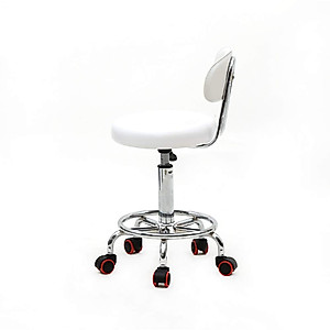 Whectin Rolling Stool Adjustable Chair with Backrest Salon Spa Stool Swivel Chair Tattoo Massage Stool with PU Cushion White