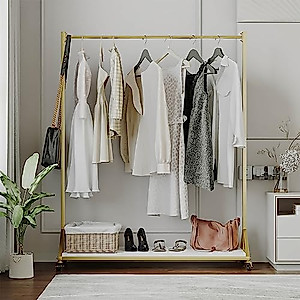 LBSLMJB Clothing Garment Rack with Shelves and Wheels, Metal Rolling Clothes Rack for Hanging Clothes Heavy Duty Portable Standing Clothing Rack Organizer Gold