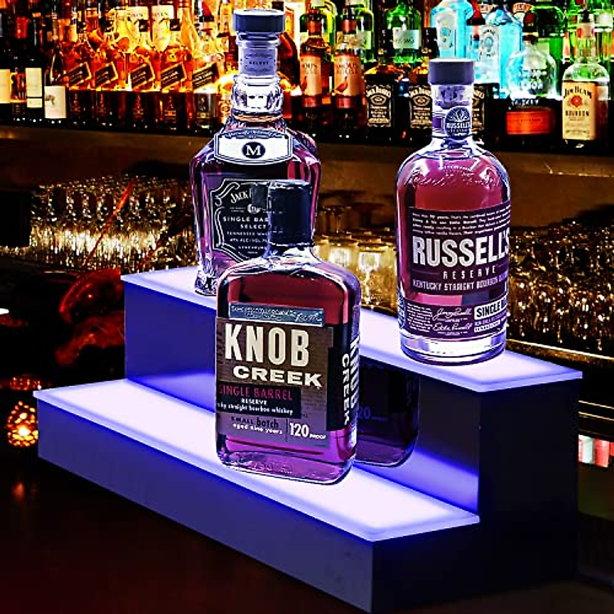 QUDEISB 16 Inch LED Lighted Liquor Bottle Display Shelf 2 Step Liquor Bottle Display with Remote Control 2 Tier Liquor Light Display for Commercial Home Bar Lighting