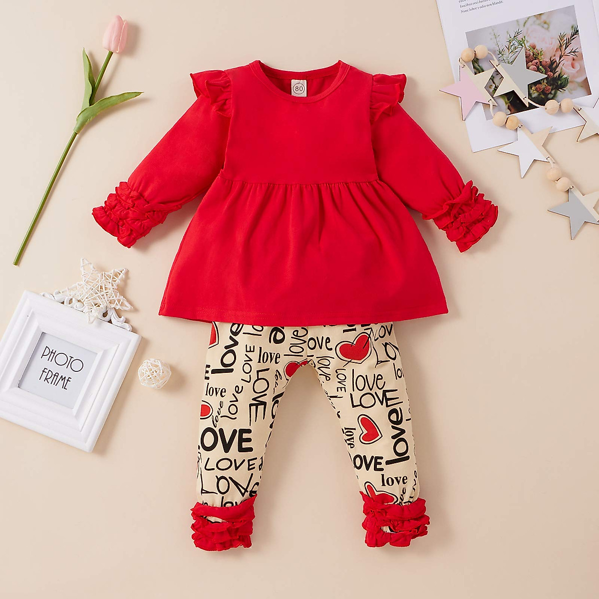 Toddler Baby Girl Valentine's Day Outfits Ruffle Tunic Top Dress Shirt Carriage Love Heart Print Flare Pants Clothes Set (Red, 1-2T)