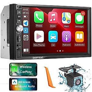 SANPTENT Double Din Car Stereo with Wireless Apple CarPlay & Android Auto, 7-Inch FHD Touchscreen Car Audio Receiver with Rear Camera, Subwoofer, FM Car Radio, USB/AUX/TF Input, Mirror Link, Bluetooth