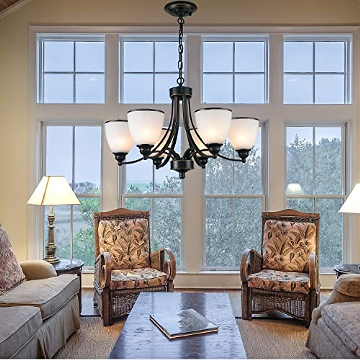 Laihezz 6-Light Large Chandelier，26" Contemporary Alabaster Glass Shades Oil Rubbed Bronze Lamps Ceiling Hanging Adjustable Light Fixtures Rustic for Dining Room Bedroom Living Room