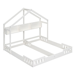 Harper & Bright Designs Twin House Bed for 2 Kids,Wood Double Twin Platform Beds with Rails, Montessori Floor Bed,Two Shared Beds with Shelves and Guardrail,Creamy White