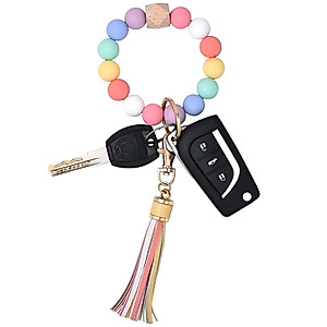 BAOSIWA Silicone Beaded Keychain Bracelet Wristlet Key Ring Rainbow Bangle Chains for Women with Leather Tassel