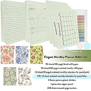 90+54+14 A5 Refill Paper with Undated Monthly Weekly Calendar Planner Inserts, A5 6 Ring Loose Leaf Paper Filler Paper Refillable Lined Paper Refill for 6 Ring Binder Planner Journal Agenda Notebook