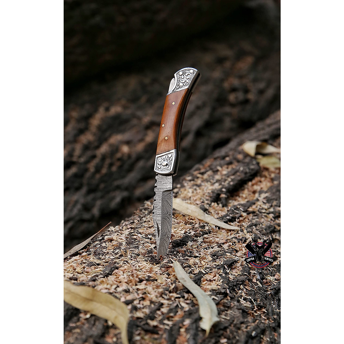 Capra Knives CK-52 Handcrafted Folding Engraved Brass Pocket Knife 4” Folded, 7.25” Long Overall, 4.5oz Olive Wood Handle, Damascus Blade with Leather Sheath