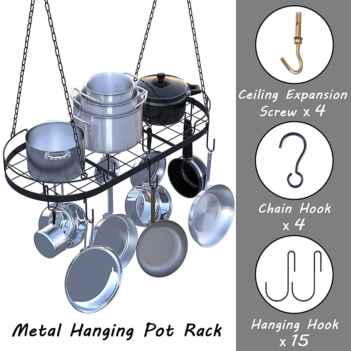 TICKCACY 33” Oval Pan Rack Hanging, Heavy Duty Ceiling Pot Rack with Hooks, Metal Pot Rack Hanging with Grid, Pot and Pan Hangers for Kitchen Cookware Utensils Toiletries, Easy Assembly, Black