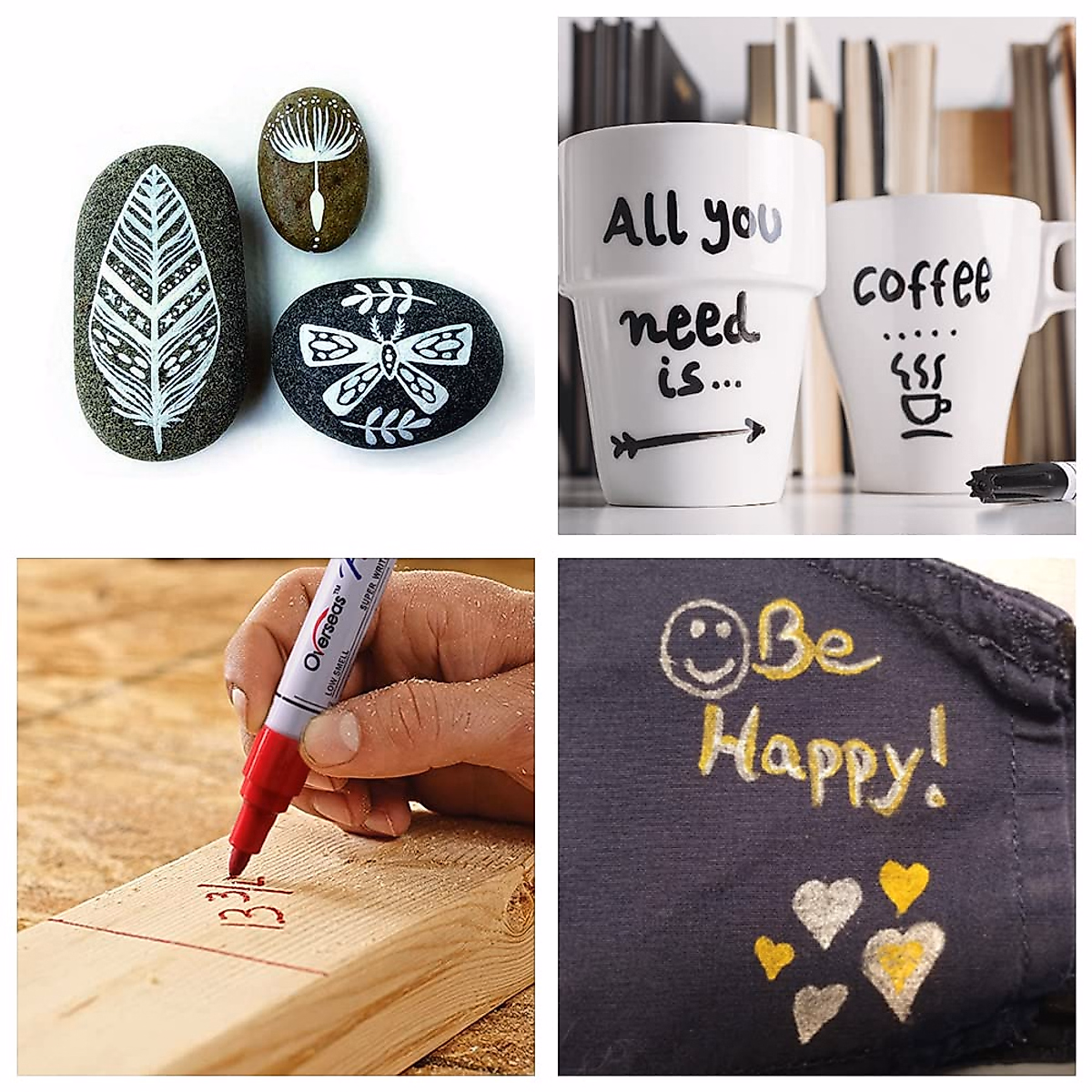 Overseas Permanent Paint Pens Black Markers - 2 Pack Single color Oil Based Paint Markers, Medium Tip, Quick Drying and Waterproof Marker Pen for Metal, Rock Painting, Wood, Plastic, Canvas, Mugs