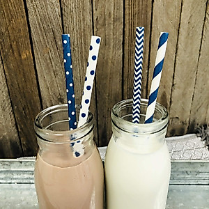 Paper Straws - Navy Blue and White - Stripe Chevron Polka Dot - 7.75 Inches - 100 Pack - Outside the Box Papers Brand