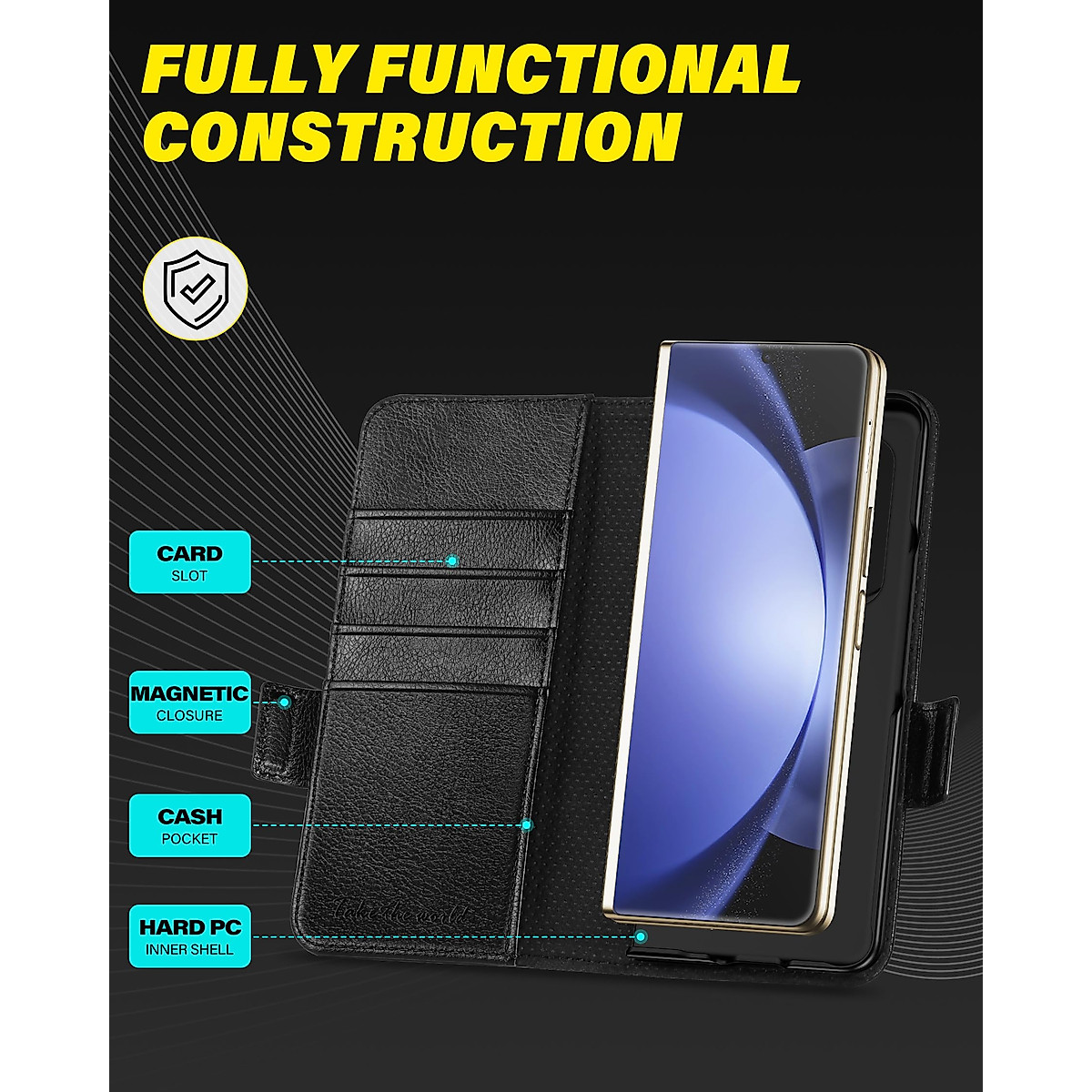 TUCCH Wallet Case for Galaxy Z Fold 5, Shockproof PU Leather Case with S Pen Holder RFID Blocking [Kickstand]Card Slot, PC Shell Flip Cover Compatible with Galaxy Z Fold5 5G 7.6" 2023, Textured Black