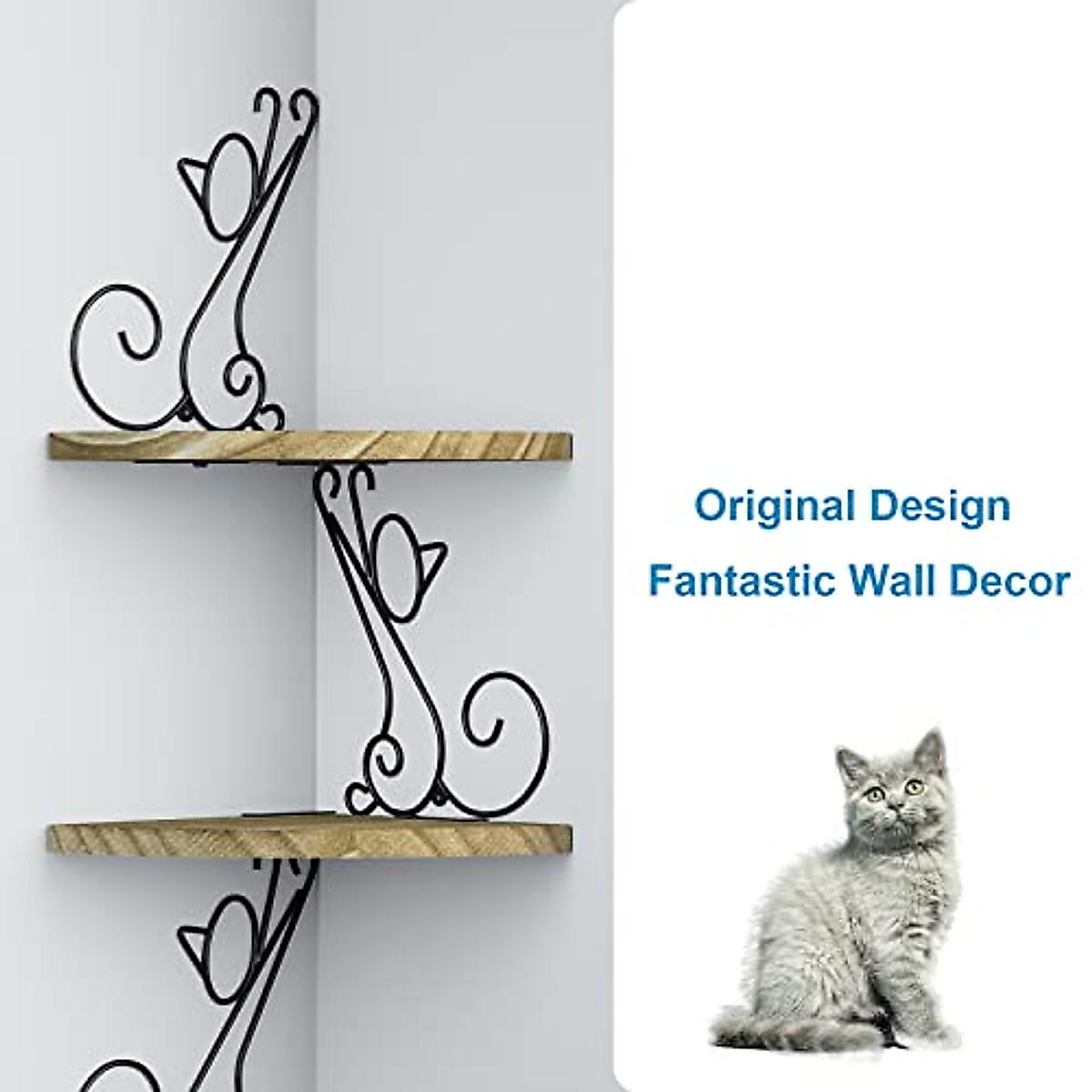 Alsonerbay Wall Mount Corner Shelves 4 Tier Floating Corner Storage Wood Shelves Decorative Rustic Radial Shelf in Cat Shape Carbonized Black